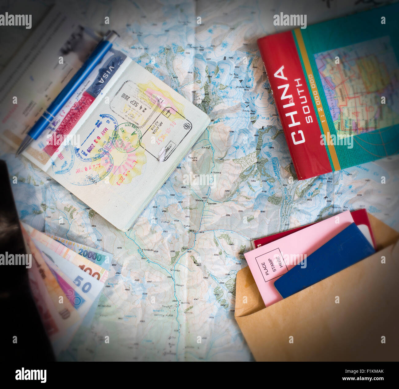 Desk of frequent traveler top view Stock Photo - Alamy