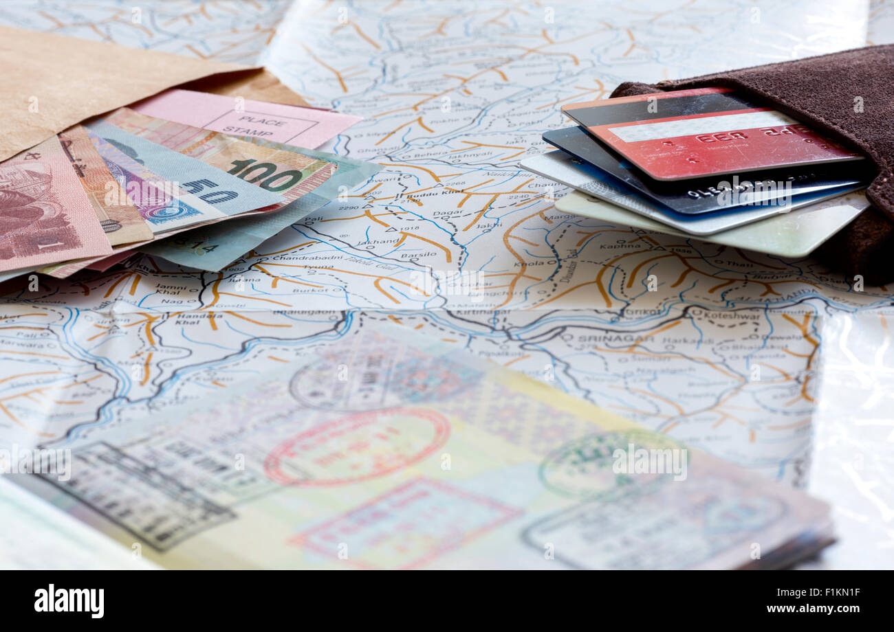 Desk of frequent traveler angle view Stock Photo - Alamy