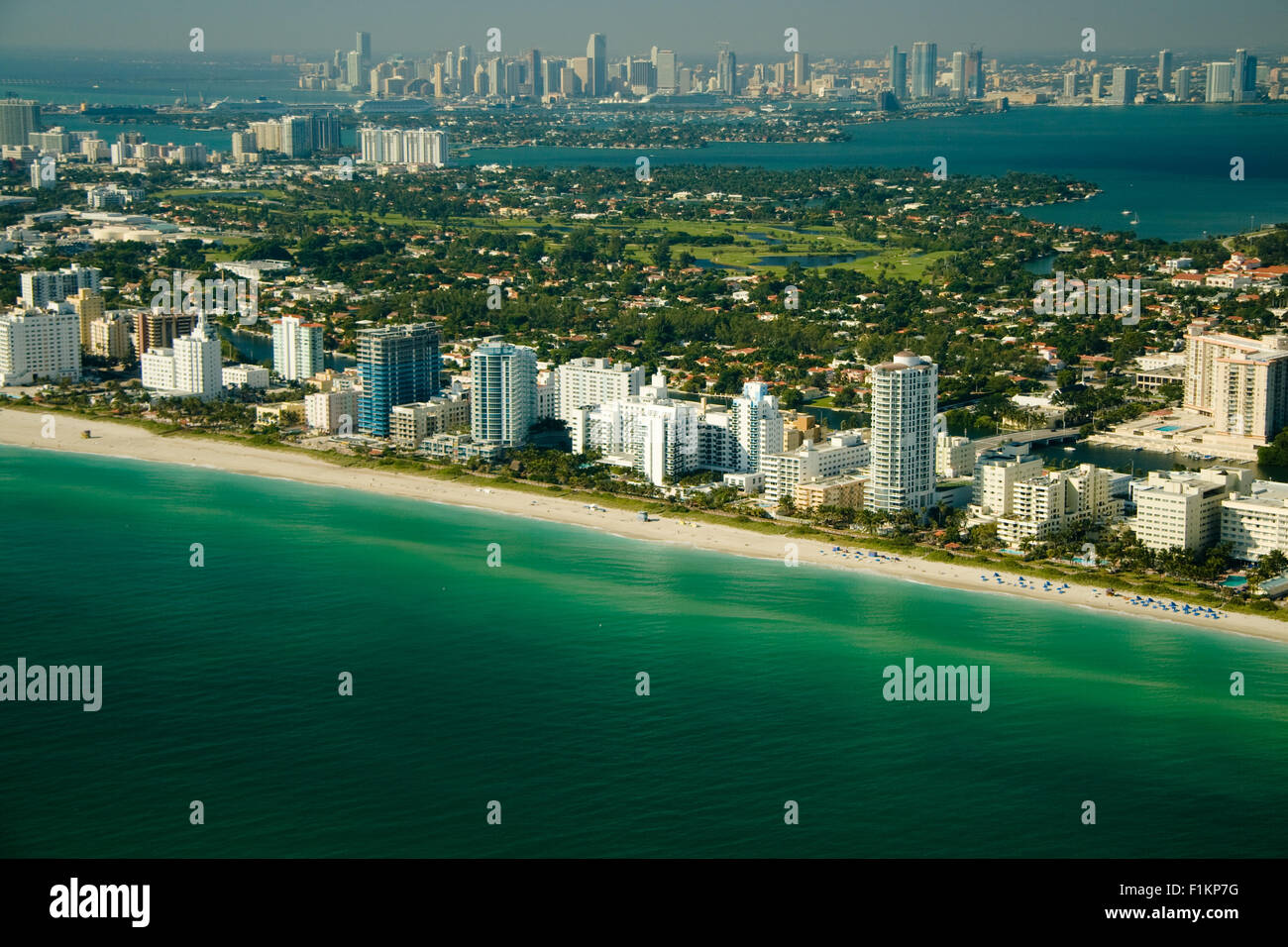 Aerial view of the coastline in Miami showing deep green and blue ...