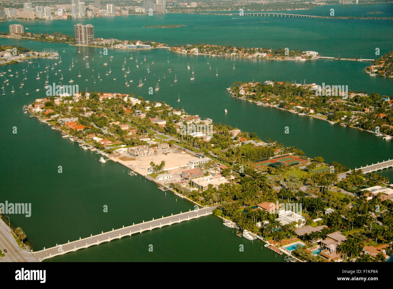 Aerial view of islands in the Atlantic Ocean, Palm Island, Miami, Miami ...