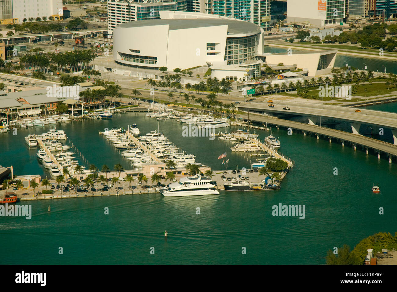 Aerial view of American Airlines Arena at the waterfront, Miami, Miami ...