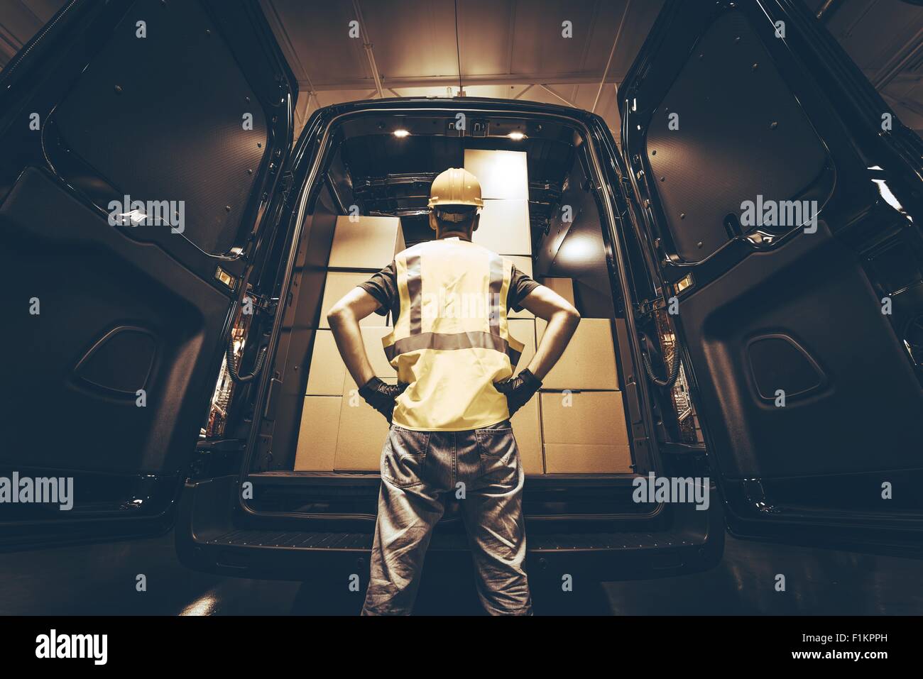 Cargo Van Delivery. Rear Cargo Doors Reloading. Construction Guy ...