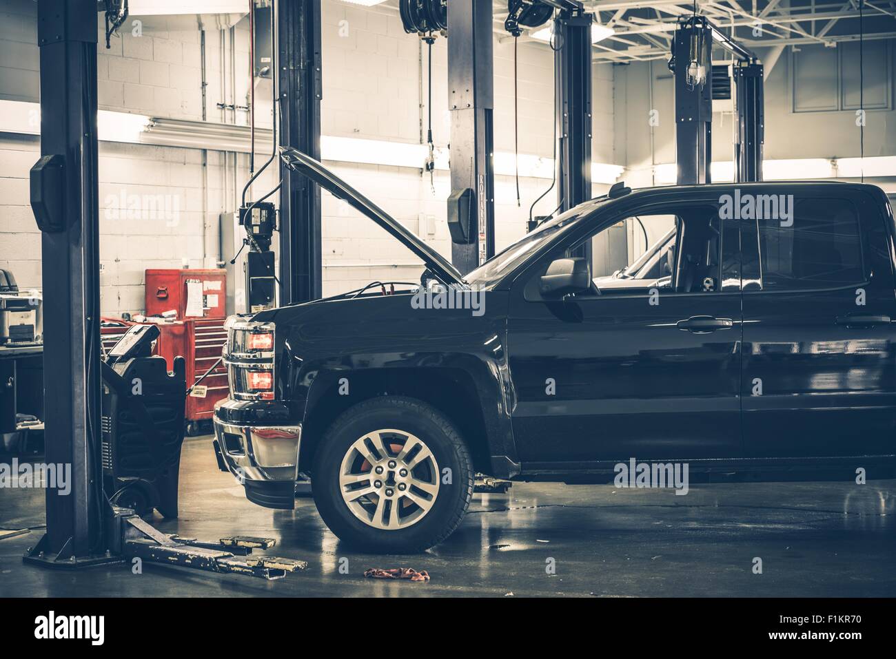 Large Auto Service Warehouse Interior and Pickup Truck Under ...