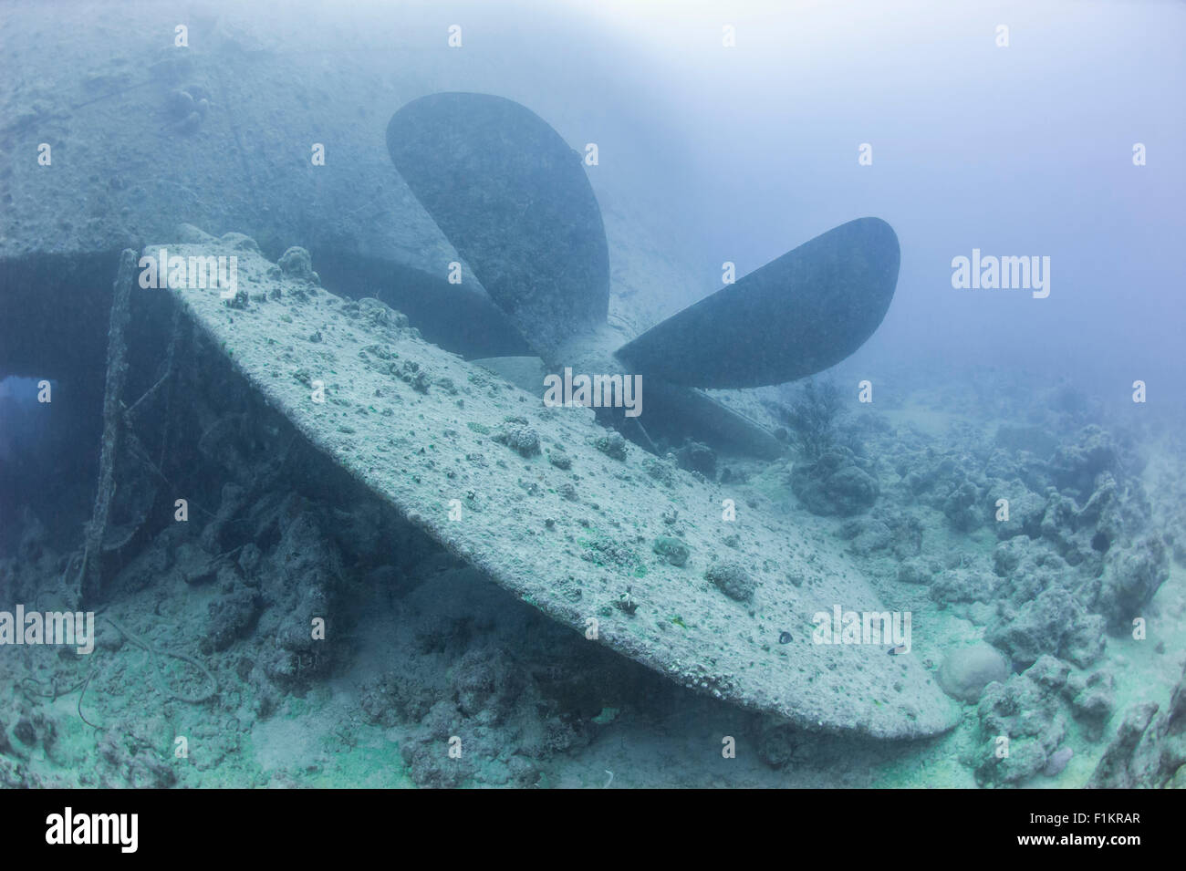Stern section of an old historical large underwater shipwreck propeller ...