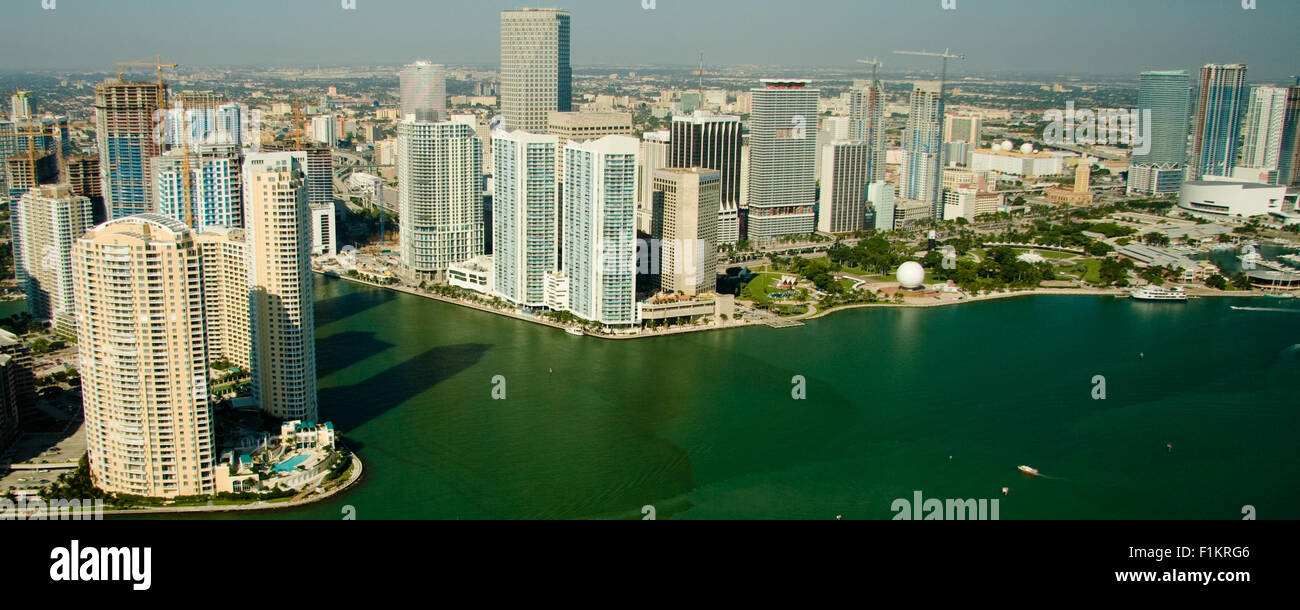 Aerial view of buildings in a city at the waterfront, Miami, Miami-Dade ...