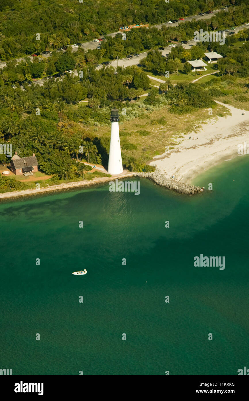 Aerial view of a lighthouse on an island, Cape Florida Lighthouse, Key ...