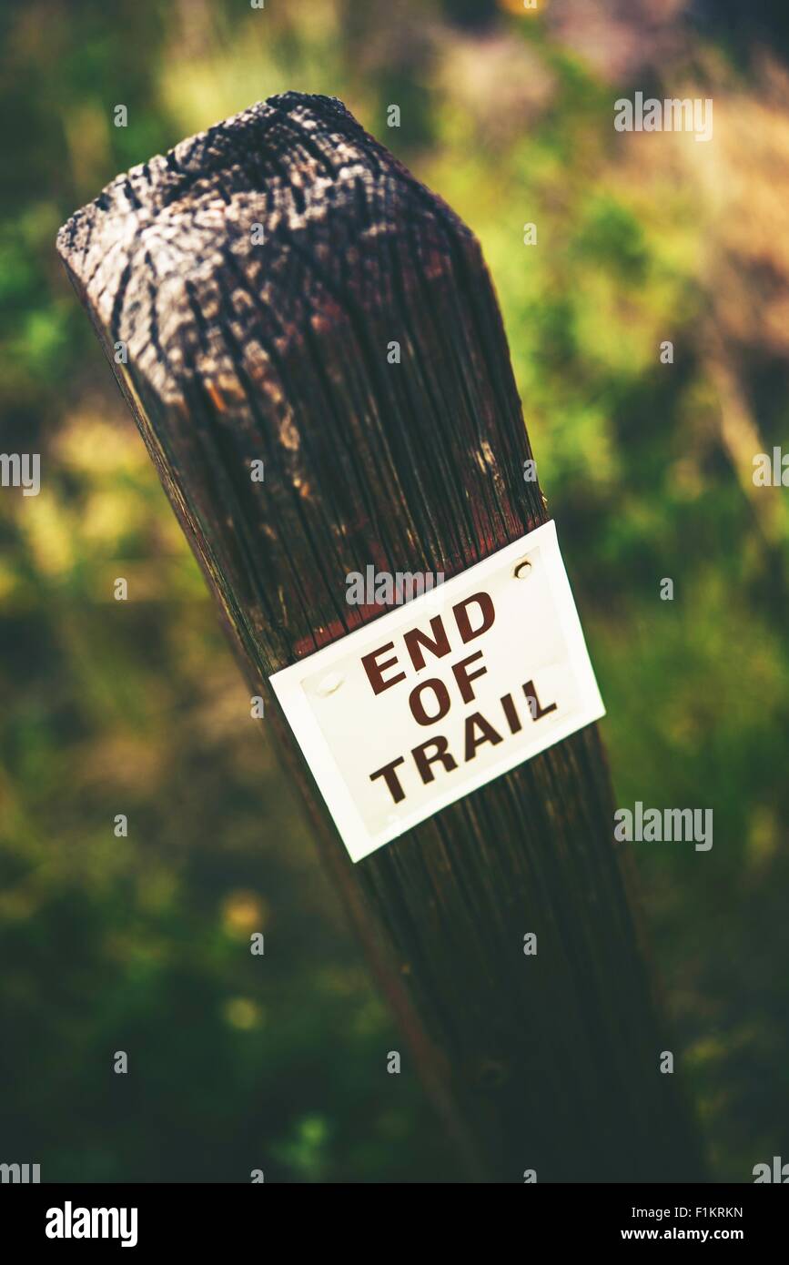 End of Trail Wooden Pole Sign Vertical Photo. Trail Finish. Hiking ...