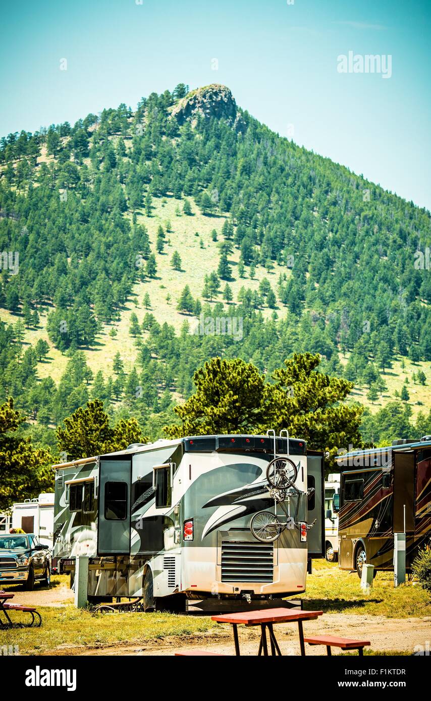 Motorhome RVing American Lifestyle. Class A Motohomes in the RV Park ...