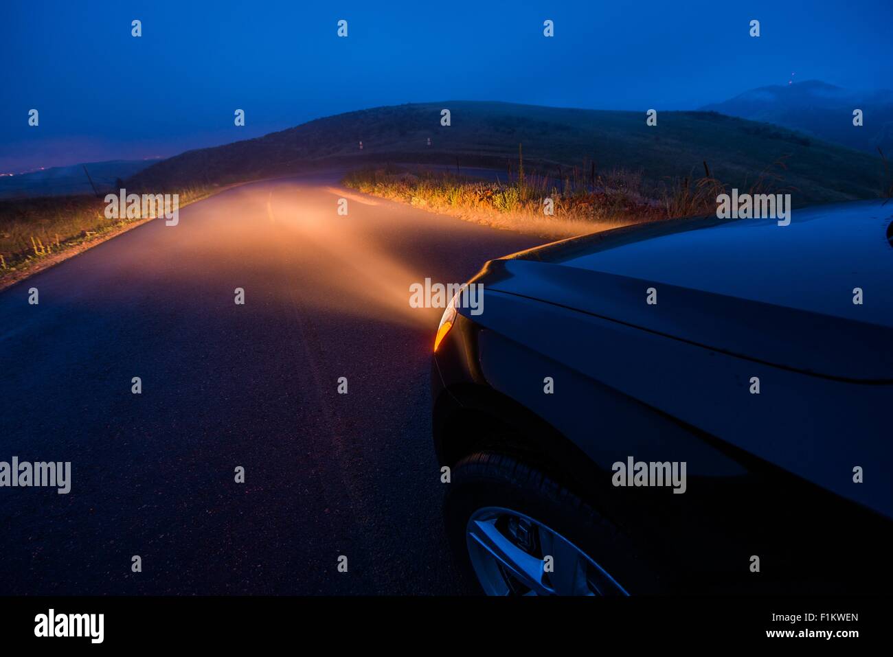Driving in the Fog. Foggy Mountain Road Drive at Night Stock Photo - Alamy