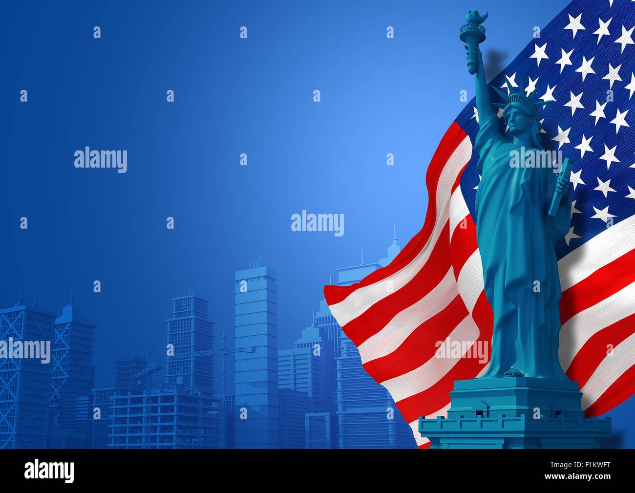 Blue American Background Illustration. Statue of Liberty, Flag and City ...