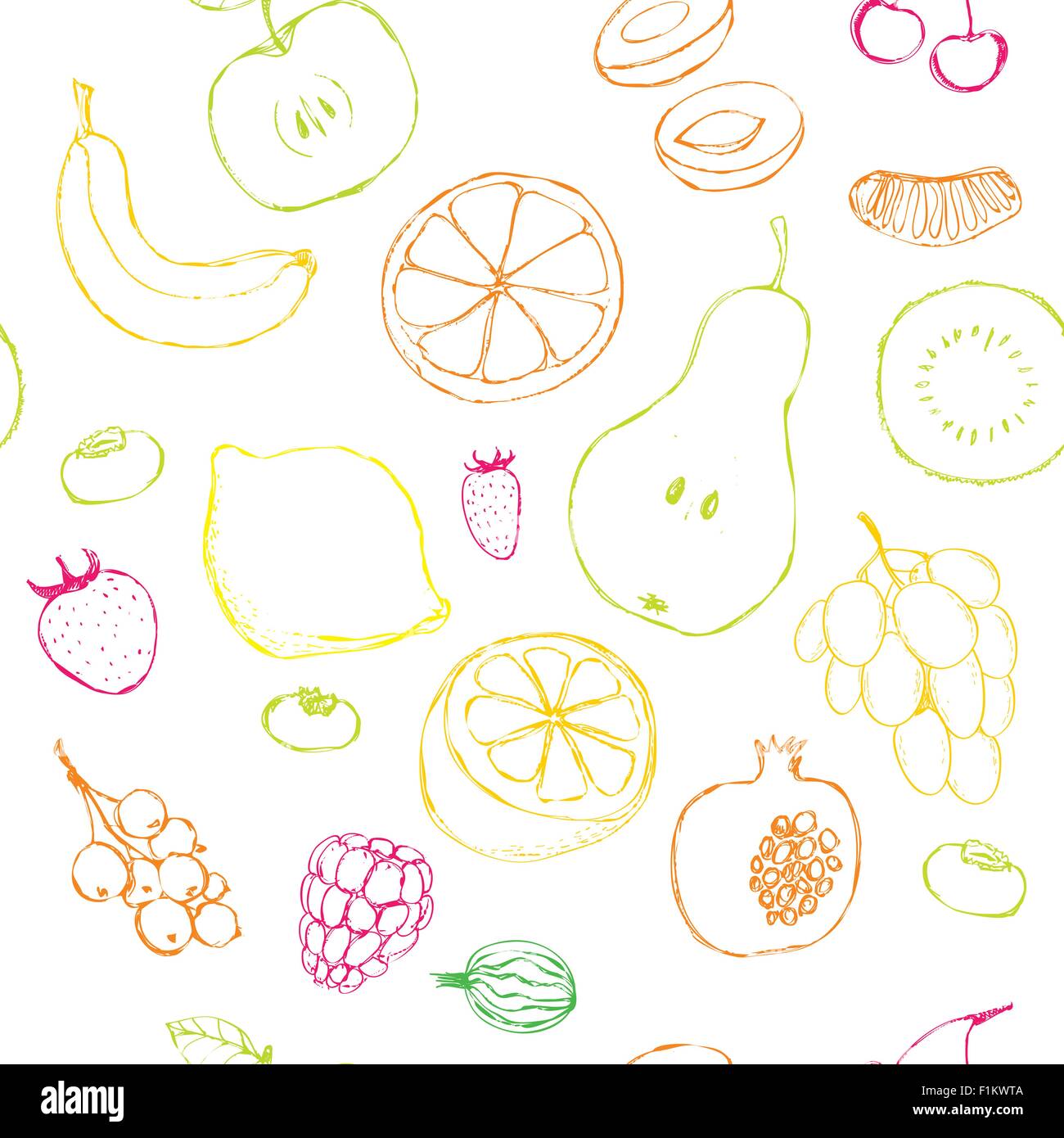 Fruits. Seamless colorful graphic pattern with hand drawn fruits Stock ...