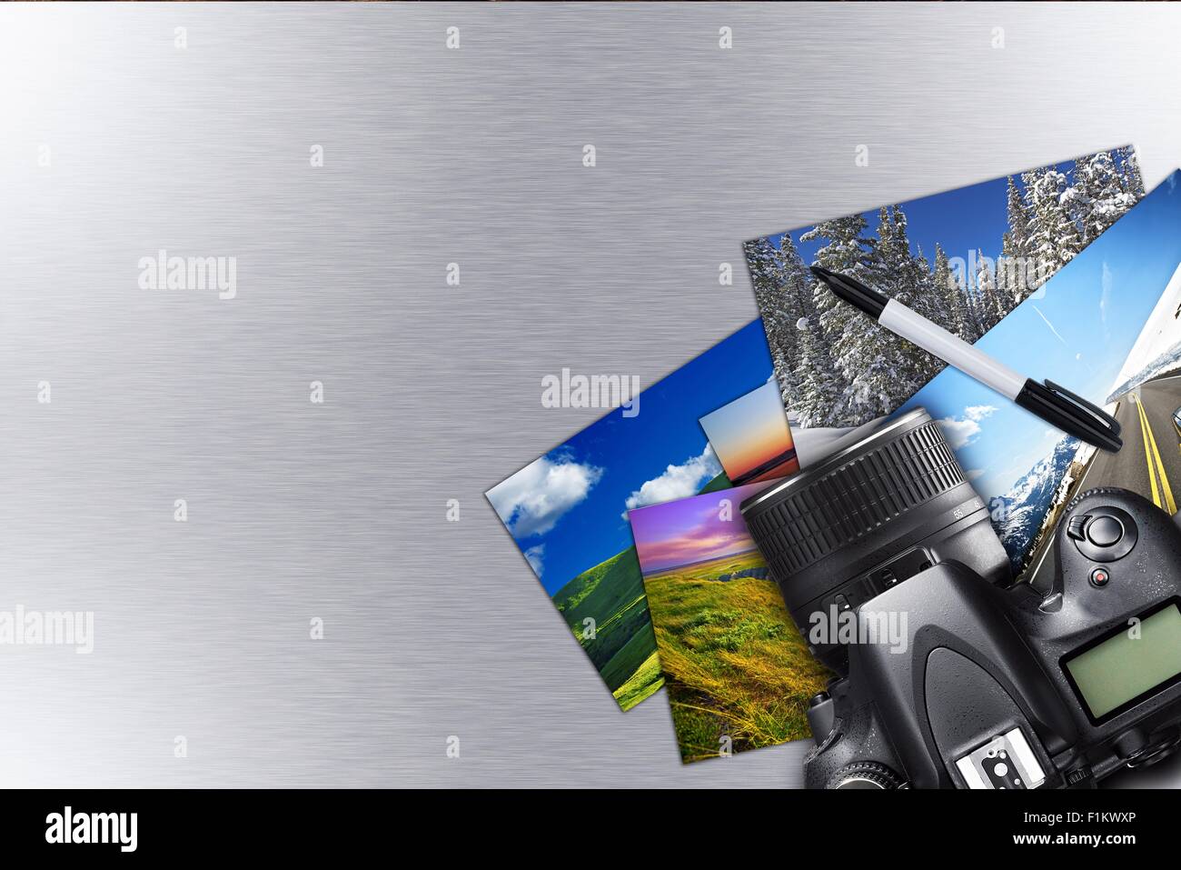 Vacation Photos and Camera on Silver Metallic Background. Copy Space ...