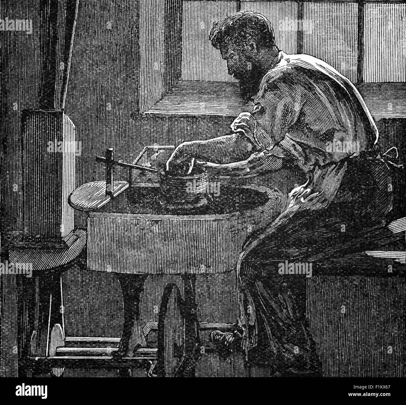 A 19th Century English artisan or craftsman potter at his wheel in ...