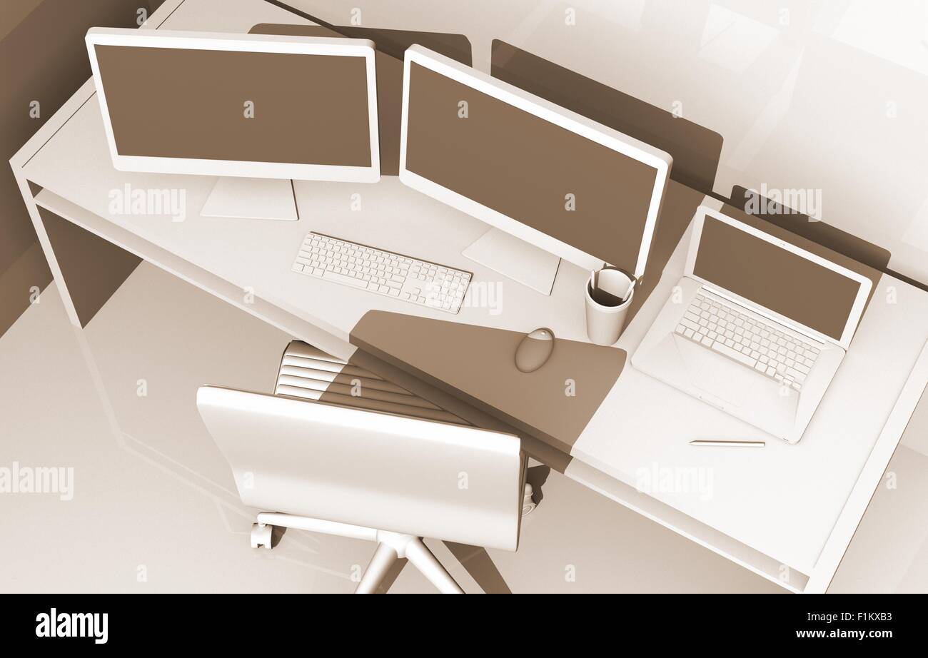 Designer Workstation 3D Illustration. Designer Desk with Two Displays ...