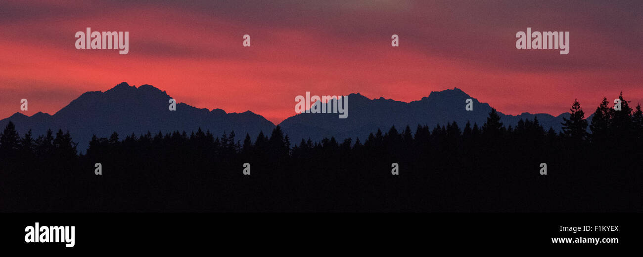 Beautiful sunset over the Olympic Mountains, East Puget Sound. State of ...