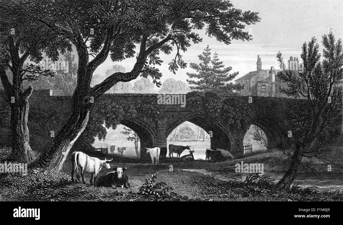An early 19th Century view of the 15th century bridge over the moat to ...