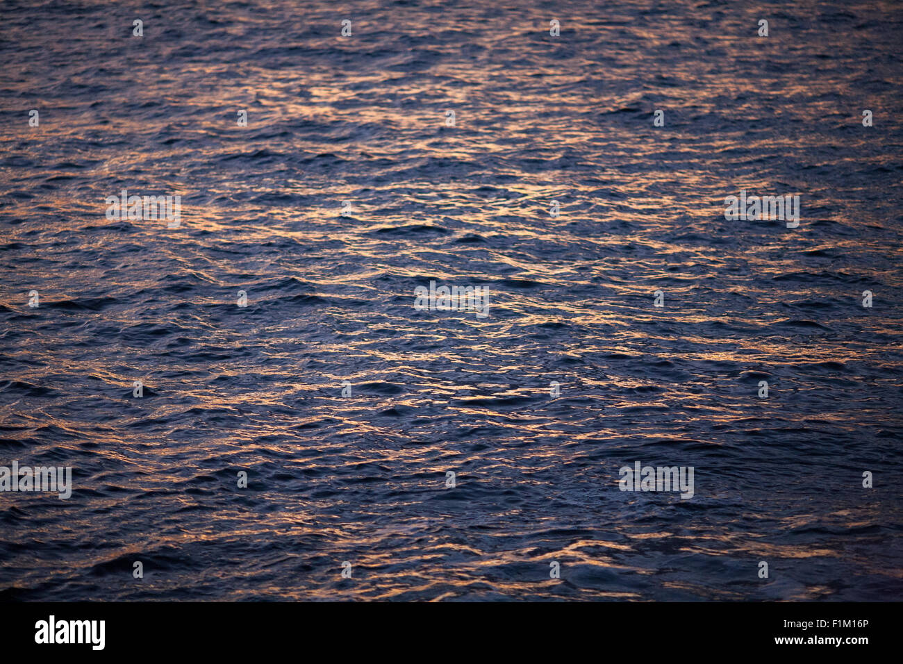 Dark blue ocean sea choppy waves with pink yellow highlights full frame ...