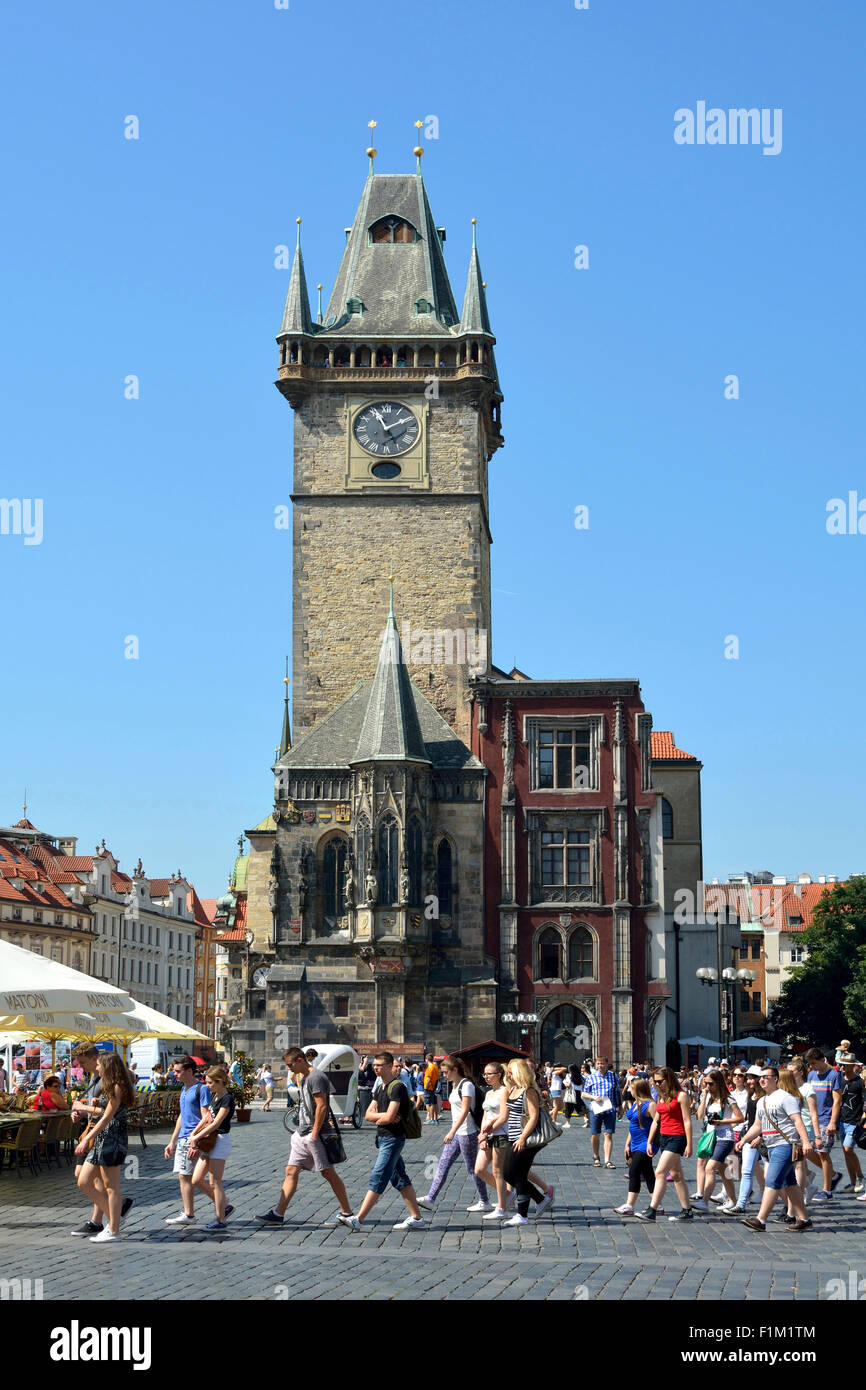 People in front of the Old Town Hall at the Old Town Square of Prague ...