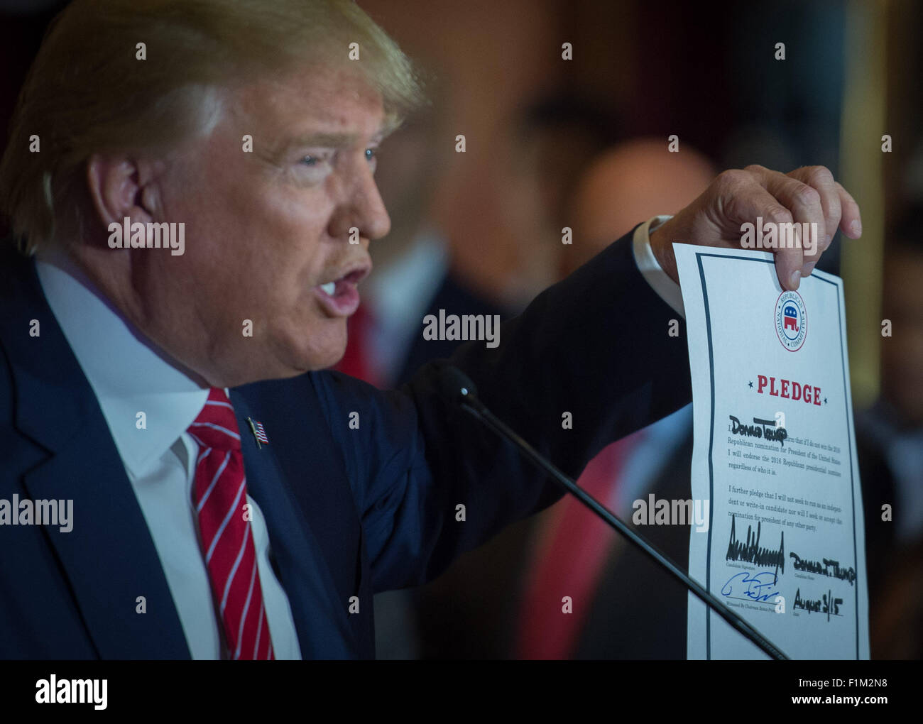 New York, New York, USA. 3rd Sep, 2015. DONALD TRUMP holds up the ...