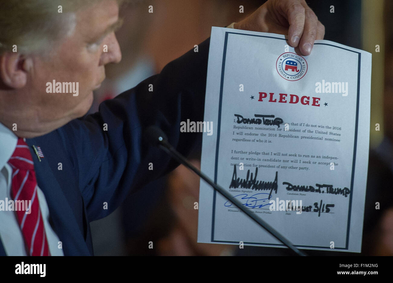 New York, New York, USA. 3rd Sep, 2015. DONALD TRUMP holds up the ...