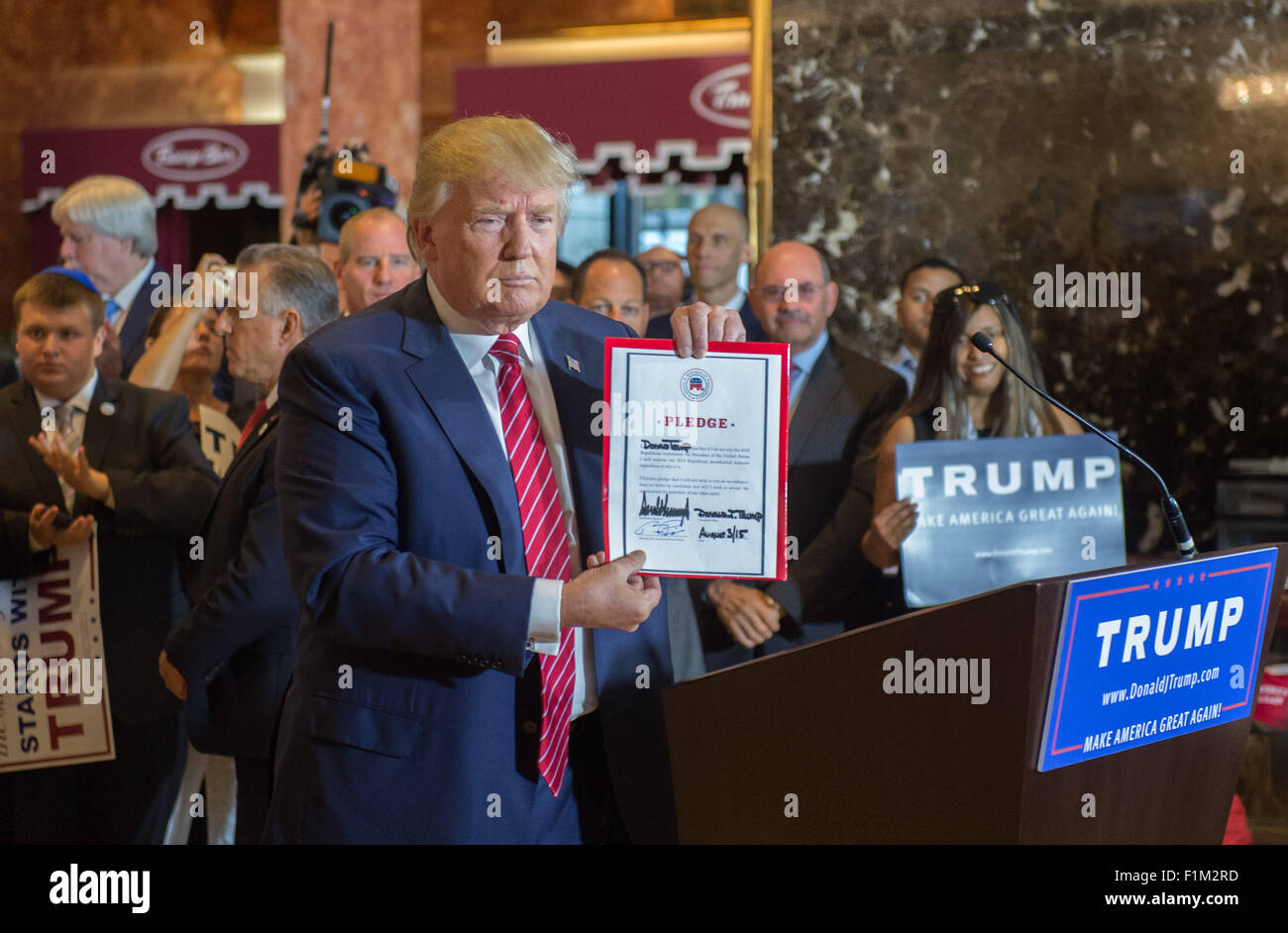 New York, New York, USA. 3rd Sep, 2015. DONALD TRUMP holds up the ...