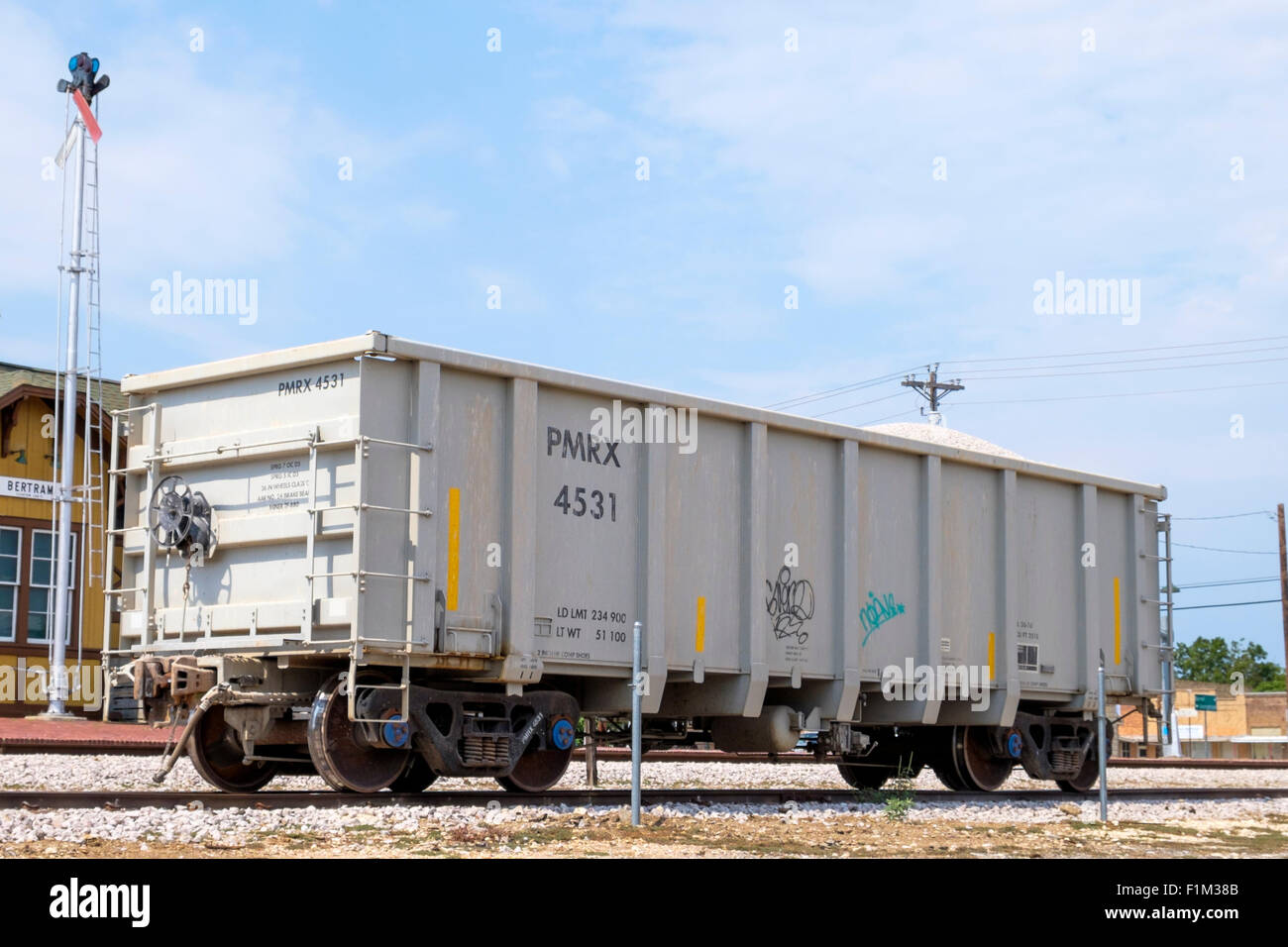 Railroad hopper car filled with crushed rock stone parked on railway ...