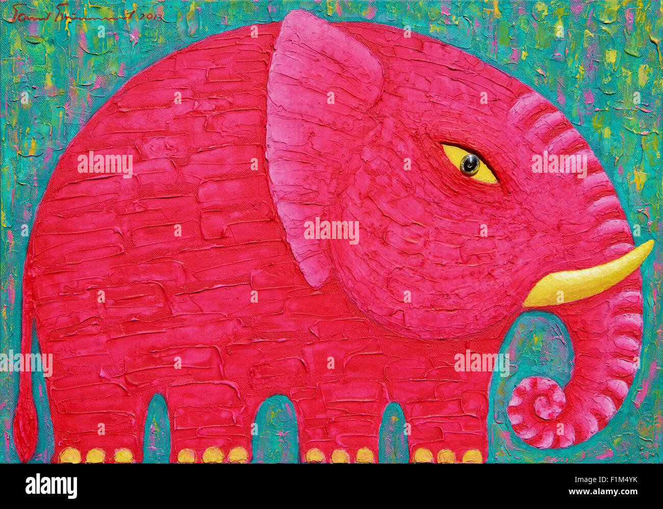Red Elephant on green background. Original acrylic painting on canvas ...