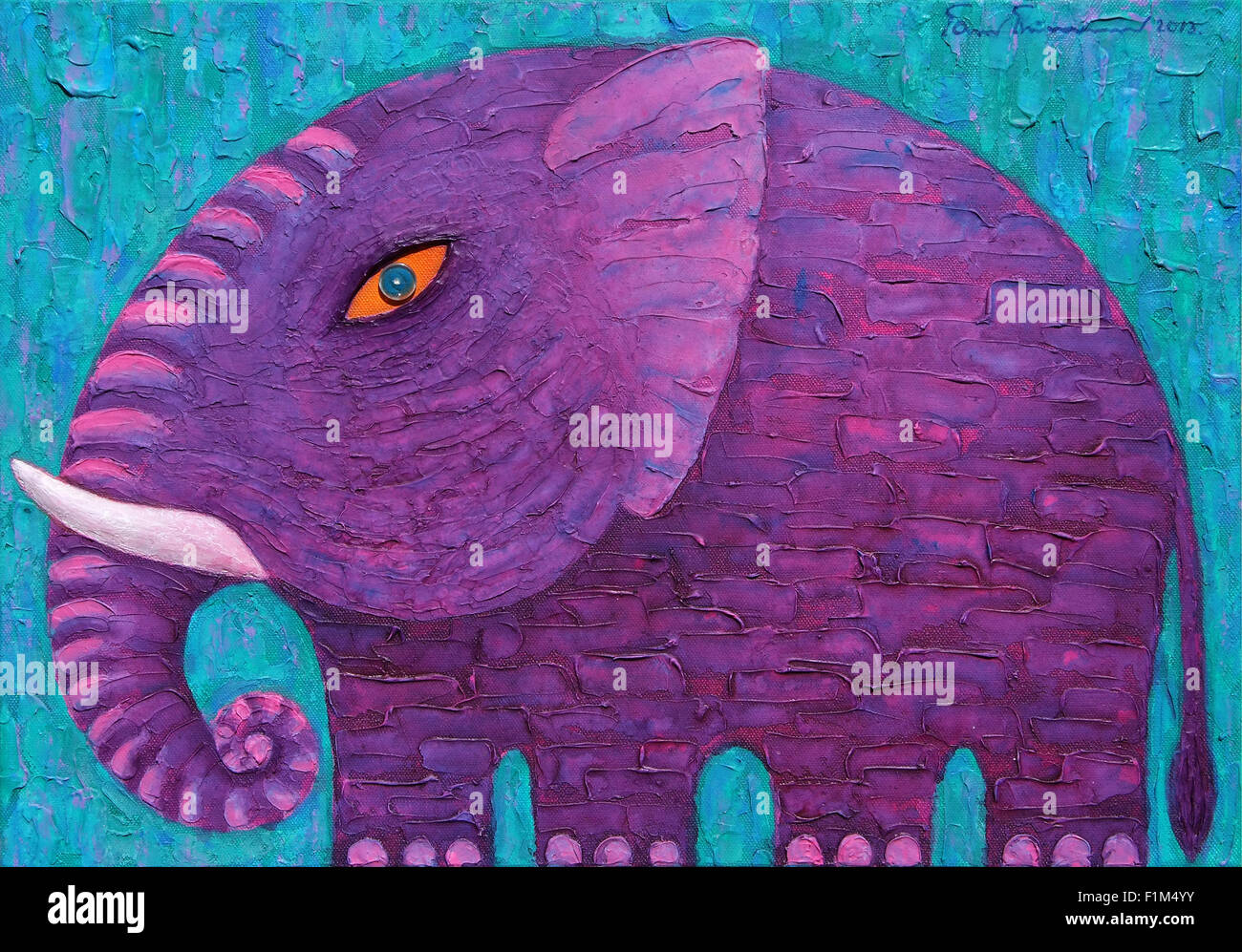 Purple Elephant on Green background. Original acrylic painting on ...