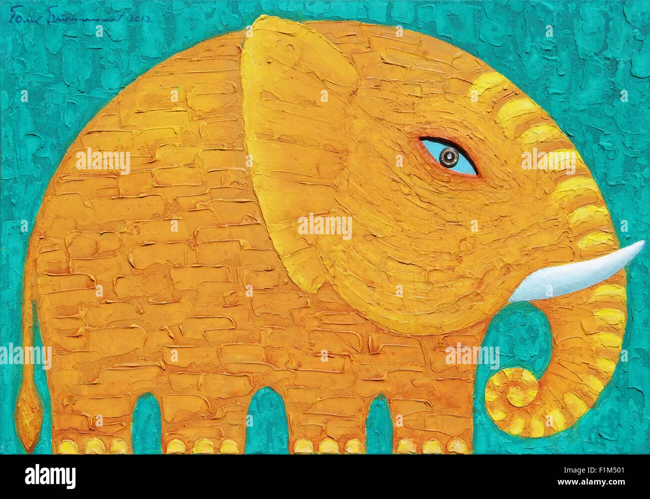 Yellow Elephant on Green background. Original acrylic painting on ...