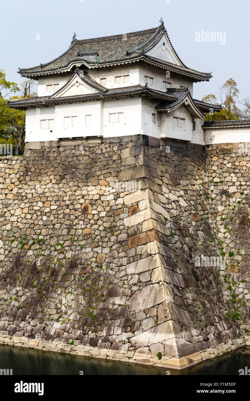 Osaka Castle, the corner two level Sengan Yagura, turret, with ishigaki ...