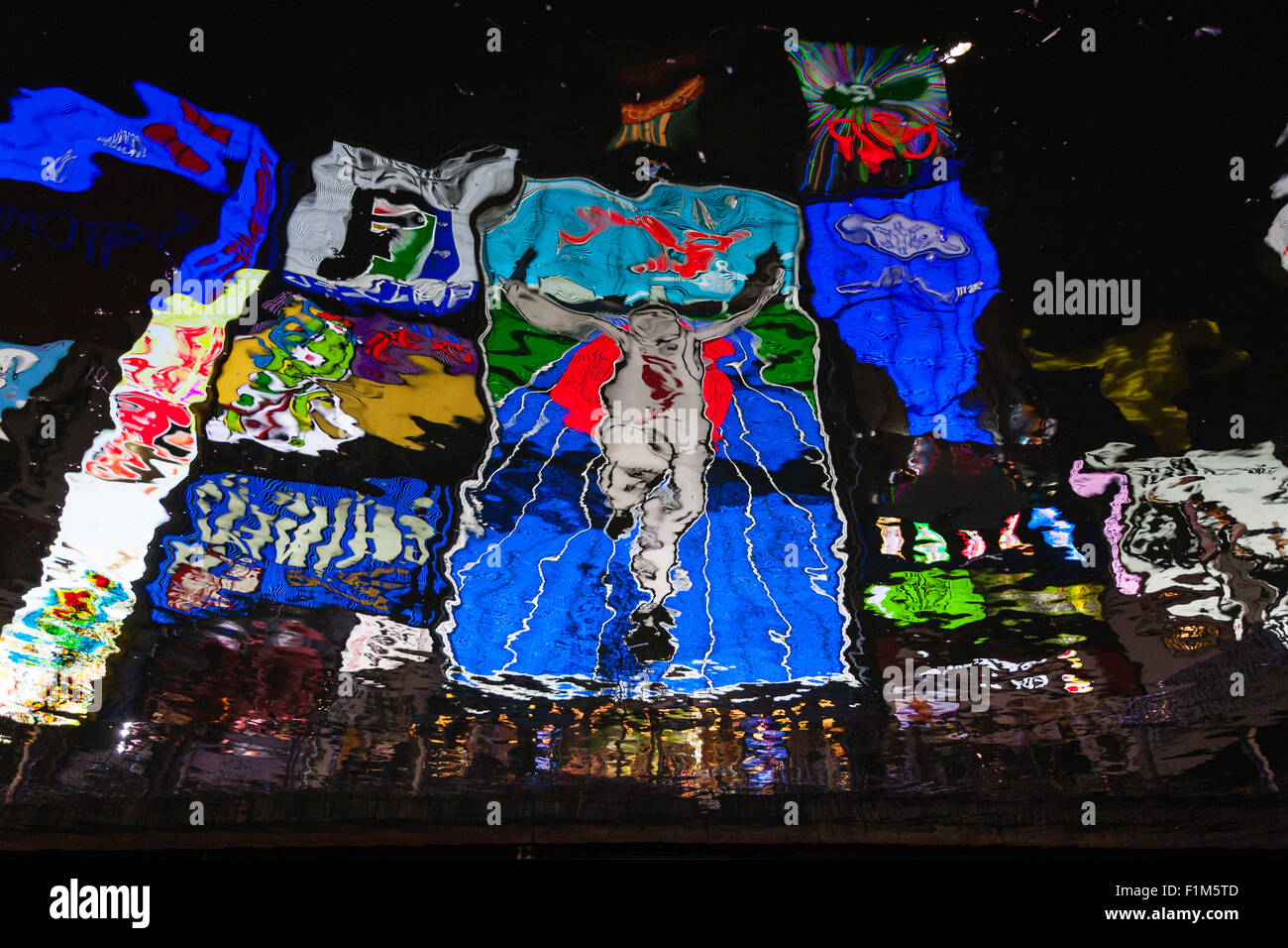 Japan, Osaka. Dotonbori, Ebisubashi bridge. Night time, reflection in ...