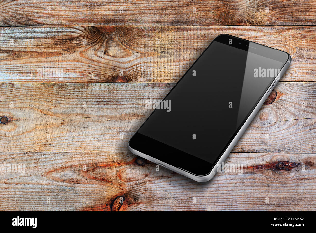 Realistic mobile phone with black screen and shadows on wooden ...
