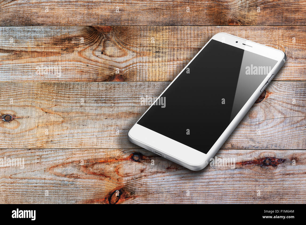 Realistic mobile phone with black screen and shadows on wooden ...