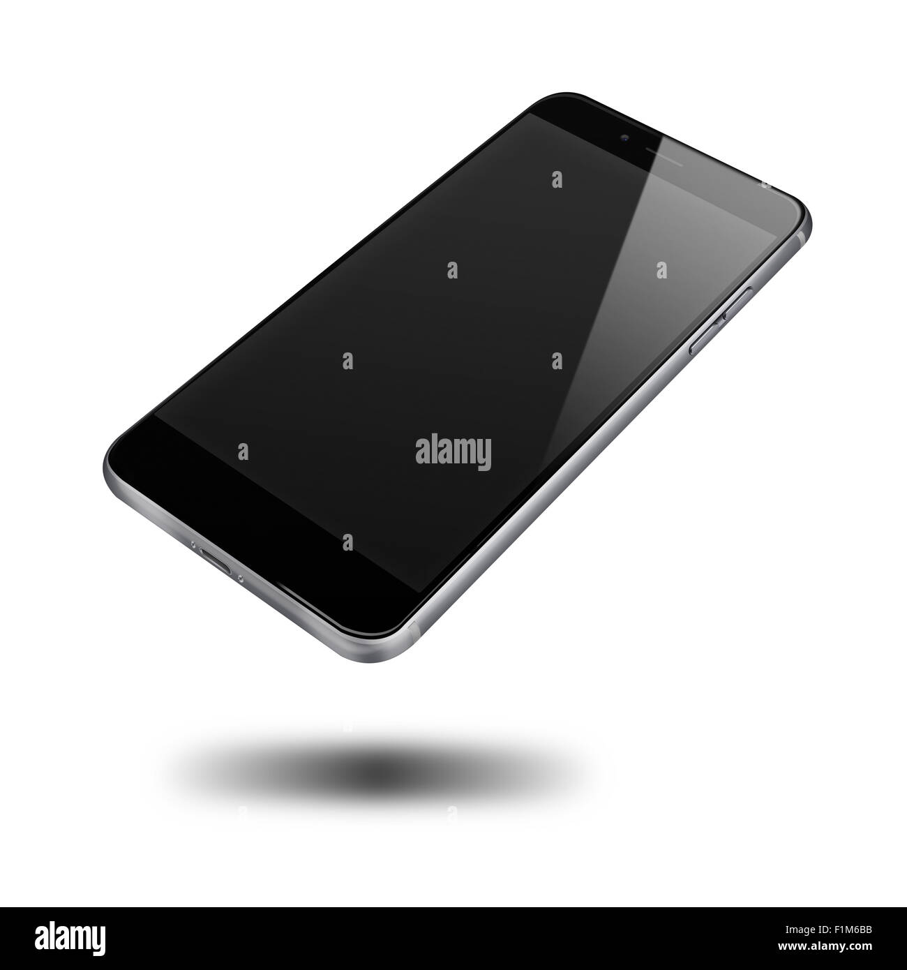 Modern mobile phone with black screen and shadows isolated on white ...