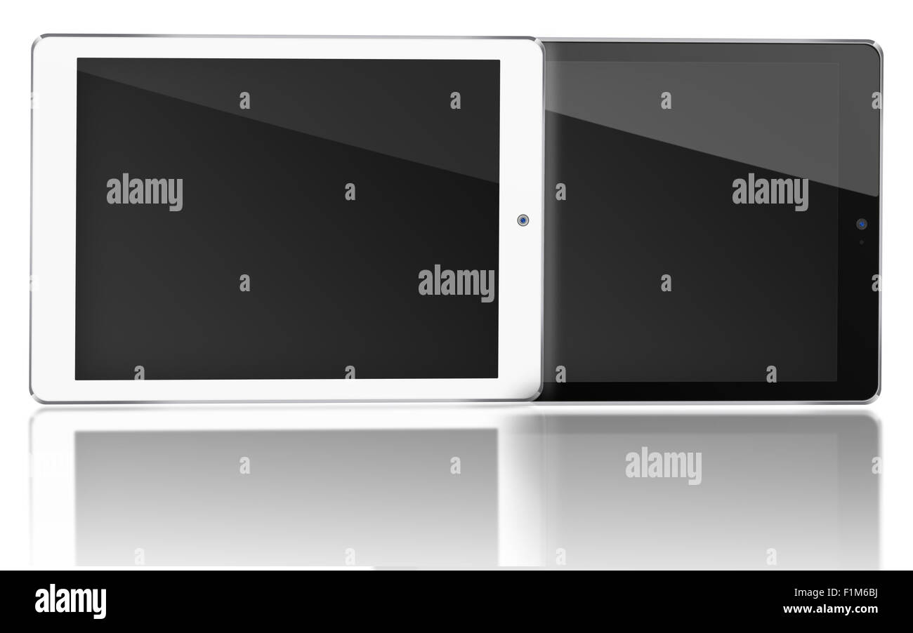 Tablet computers with black screen and reflection isolated on white ...