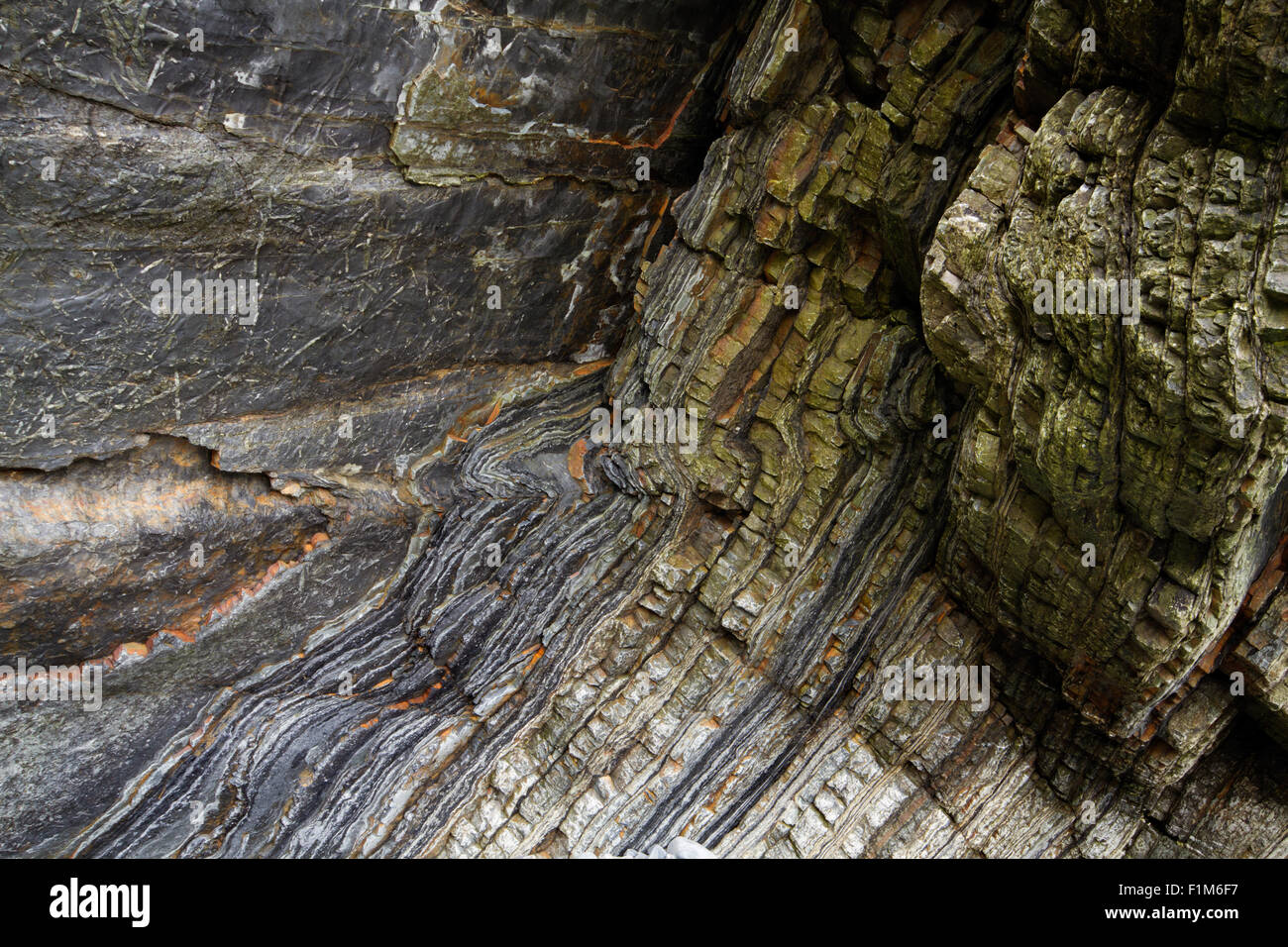 Layered and folded rock in a cliff on the coast of Brittany, France ...
