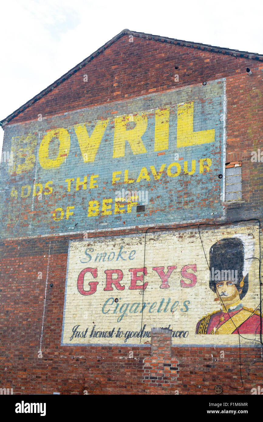 Vintage large painted advertising signs for Bovril beef drink and Greys ...