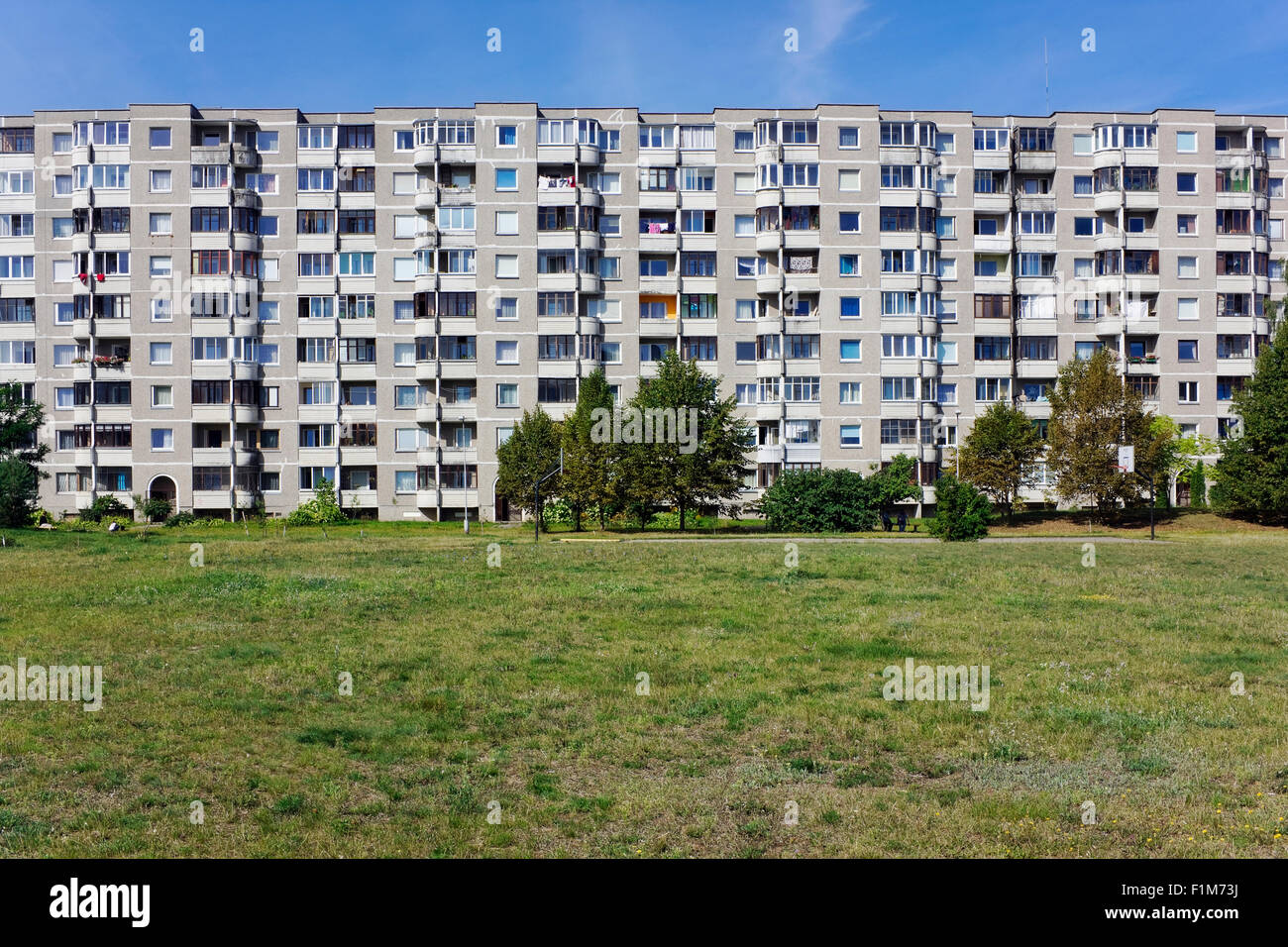Big grass lawn meadow opposite to the huge multi-storey mass production ...