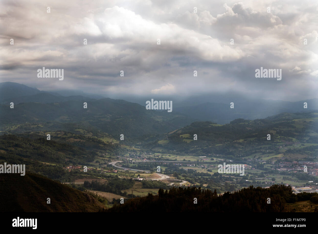 a horizontal view of a landscape of the mountains of Candamo, Asturias ...
