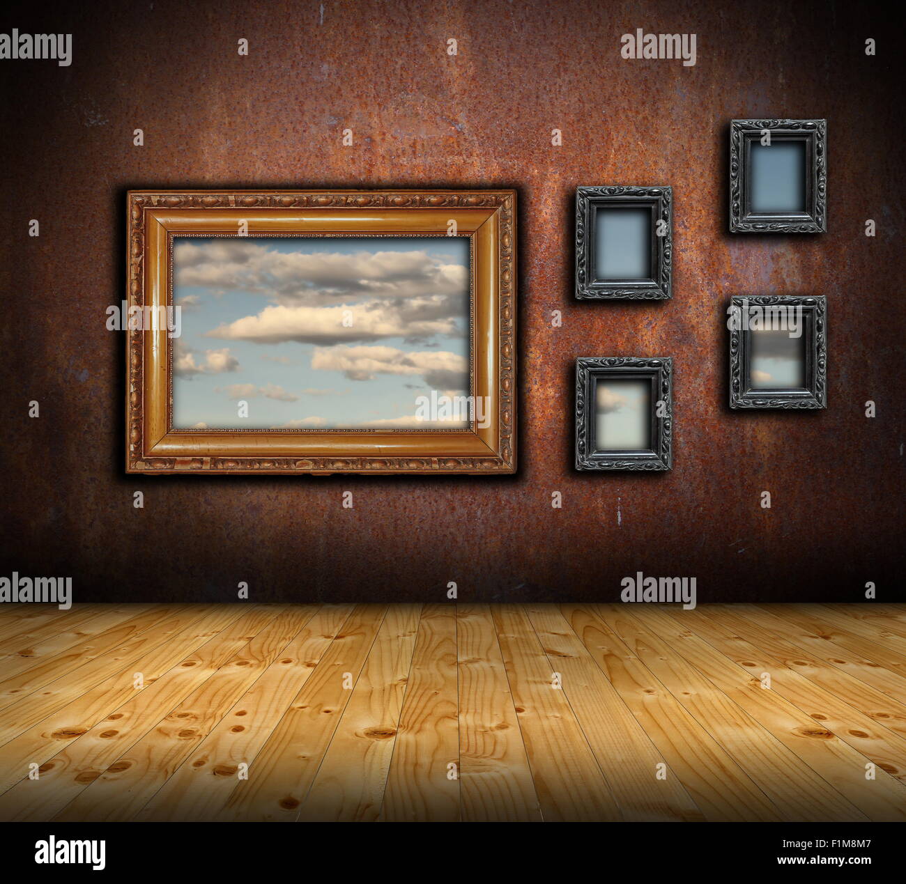 abstract architectural interior backdrop with frames on rusty wall and ...