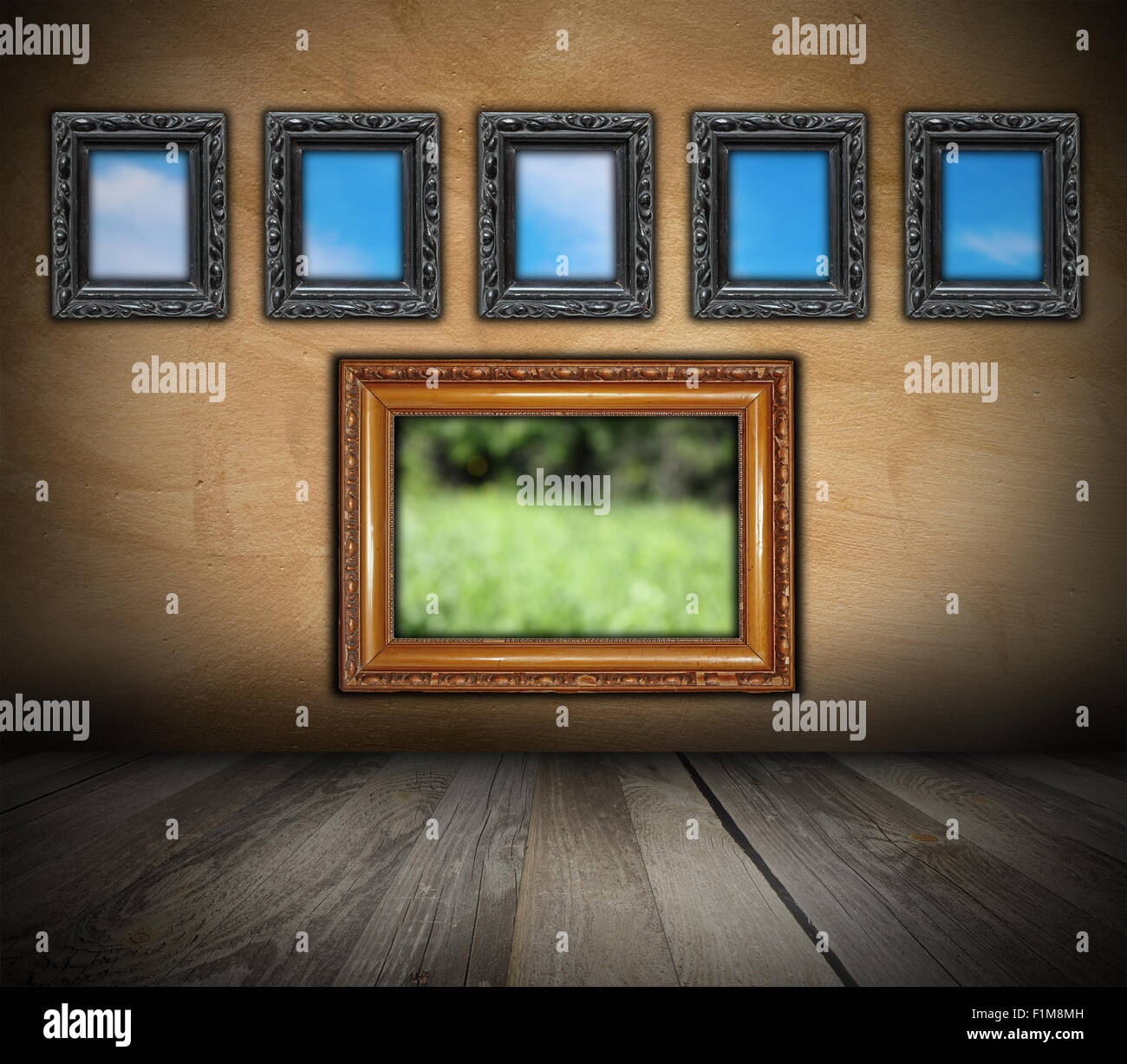 vintage interior backdrop with ancient wooden frames on grunge wall for ...