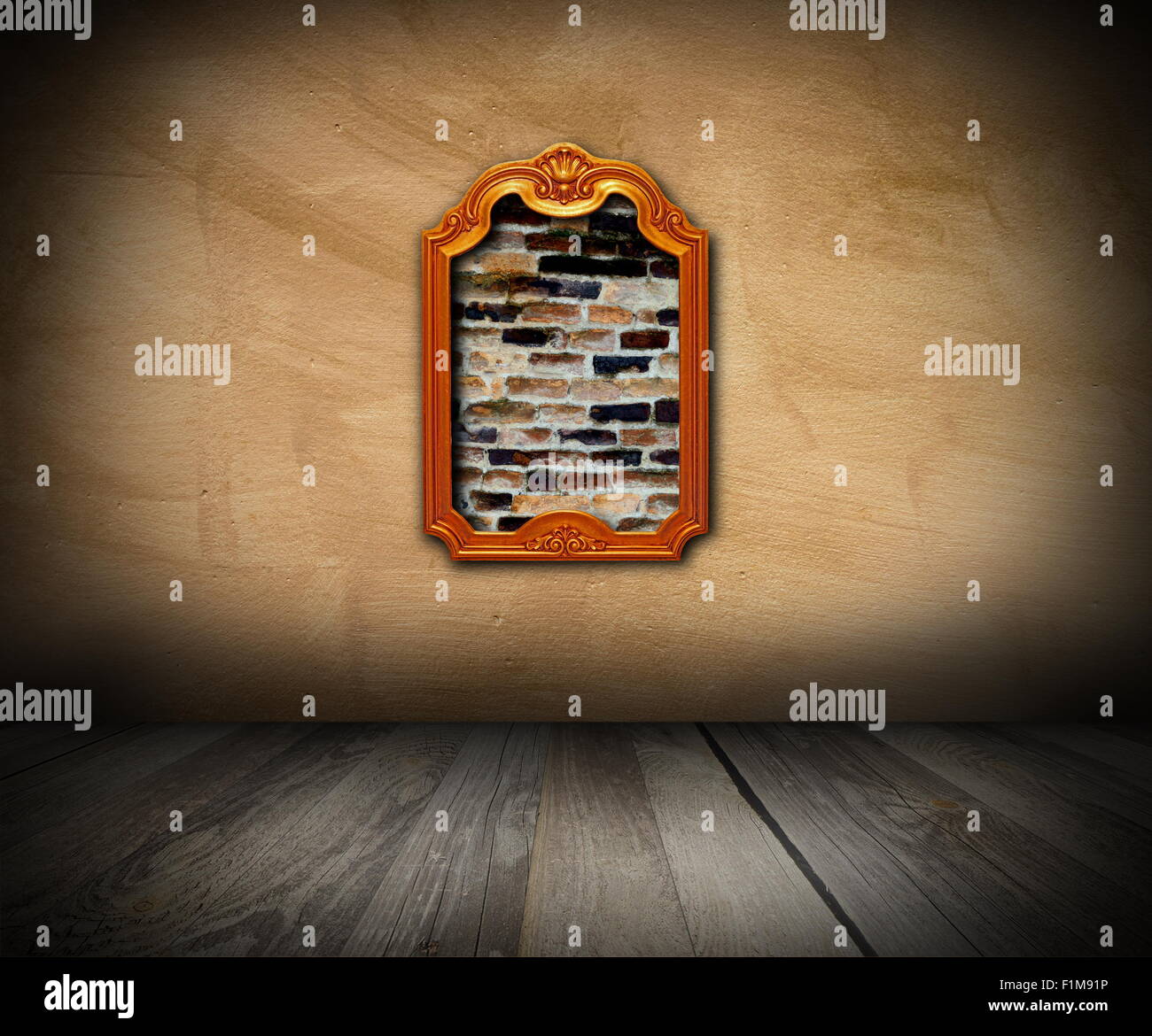 old frame revealing brick structure on vintage wall interior ...