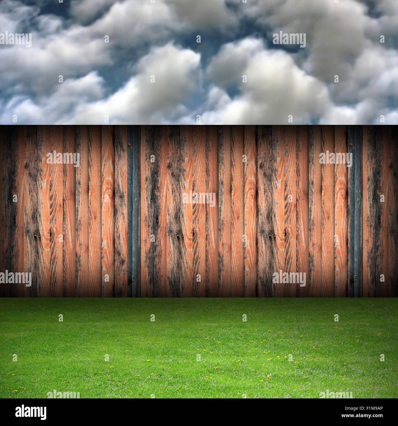 beautiful garden backdrop with old wooden fence on cloudy day Stock ...