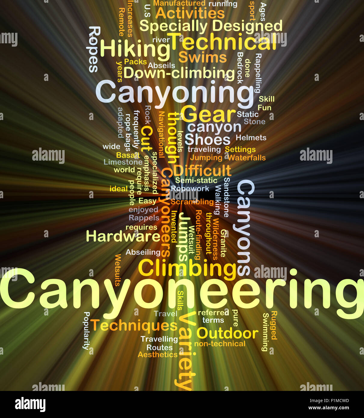 Background concept wordcloud illustration of canyoneering glowing light ...