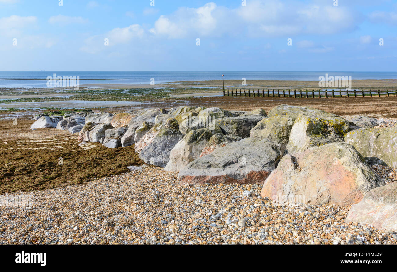 Large rocks on a shingle beach at low tide, with lots of seaweed, on ...