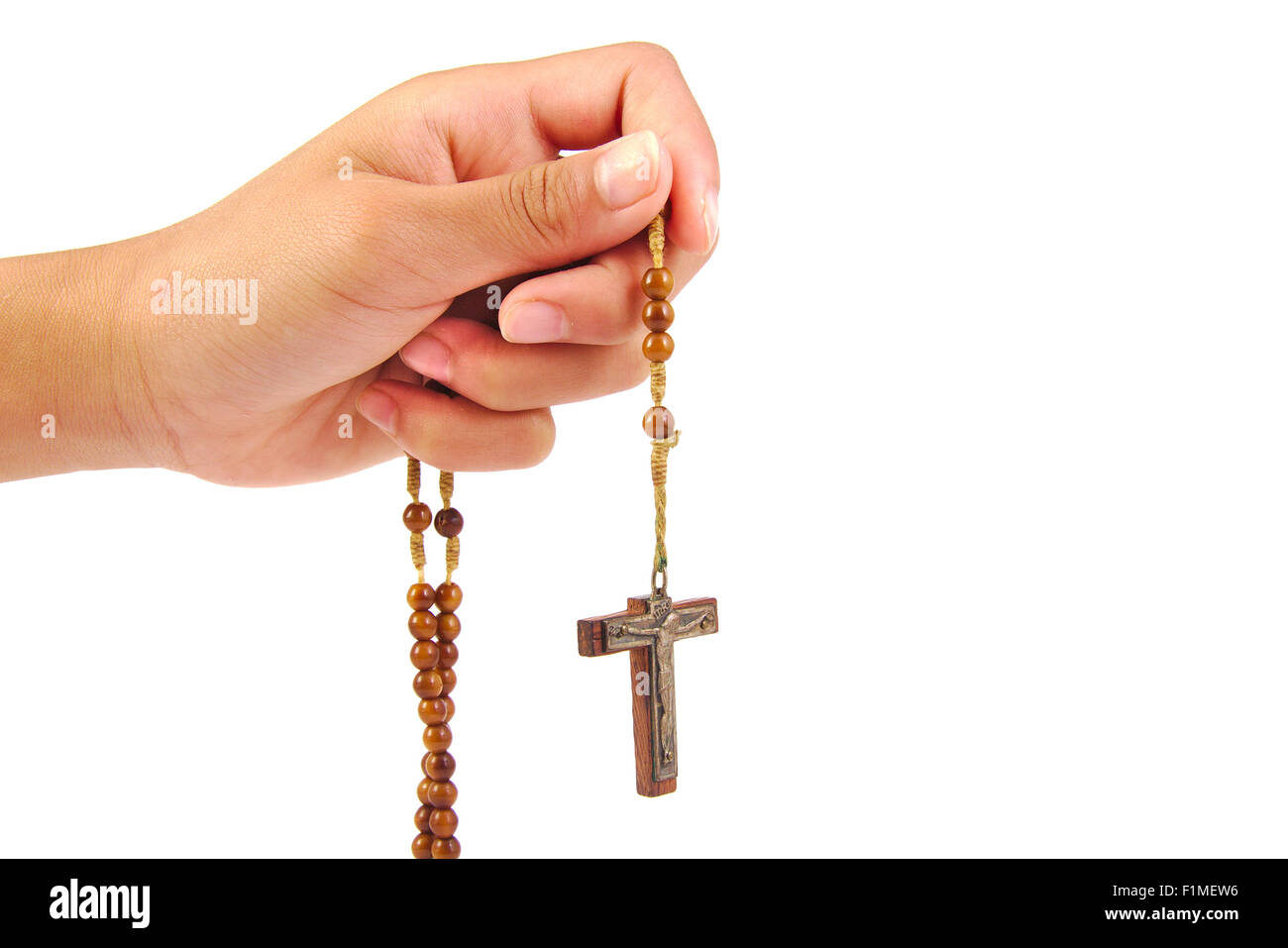 Hand of a man praying with Rosary, isolated on white background Stock ...