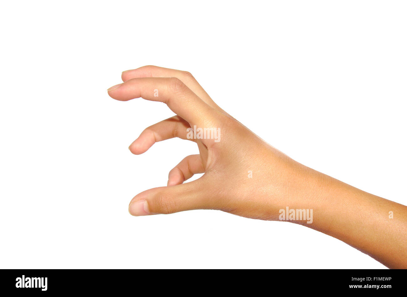 female teen hand to hold or catch something isolated on a white ...