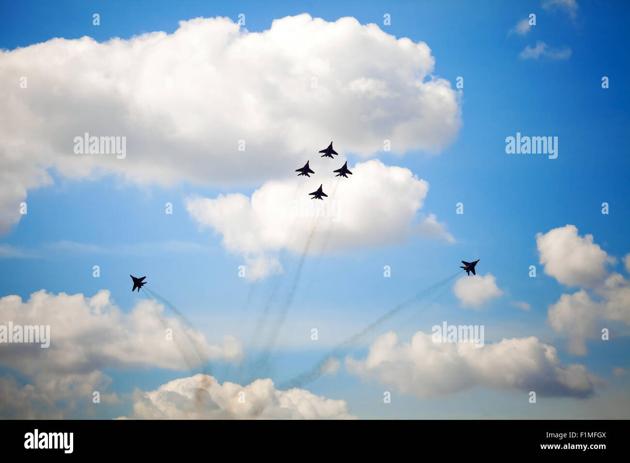 Aerobatic team performs flight maneuver, air show in Moscow, Russia ...