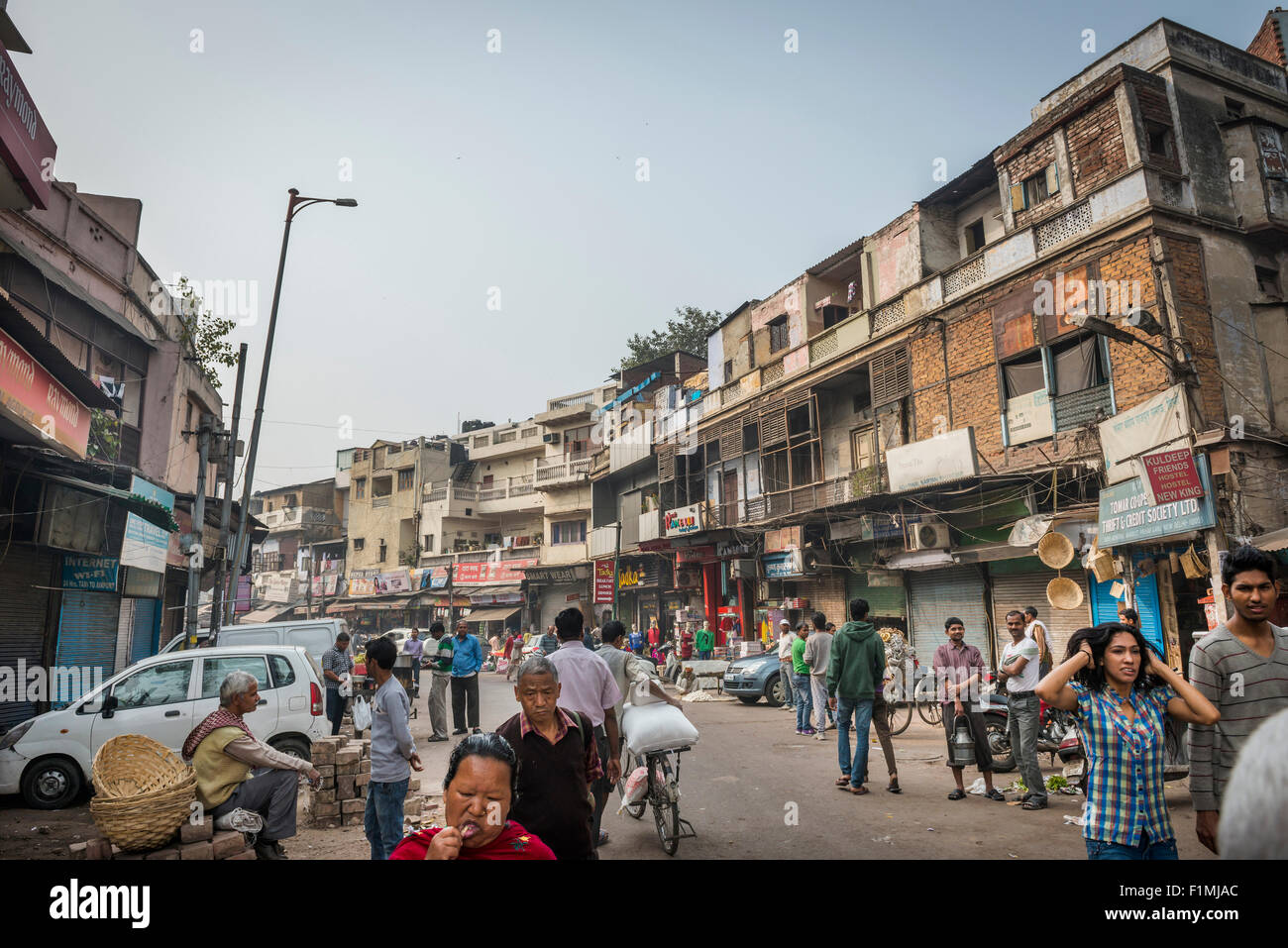 Busy street near Main Bazaar in the Paharganj District of New Delhi ...
