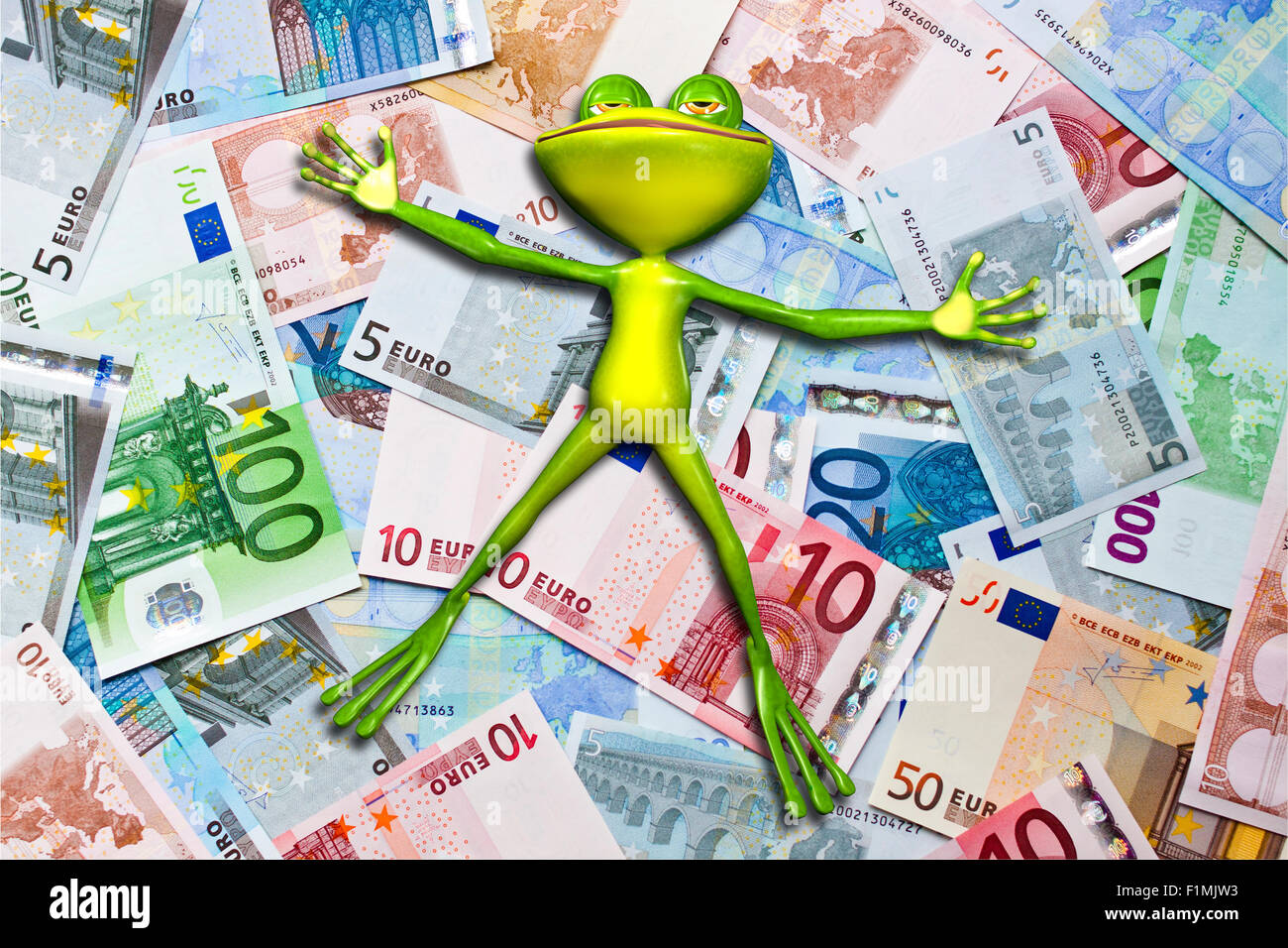 Illustration of a green frog in money Stock Photo - Alamy